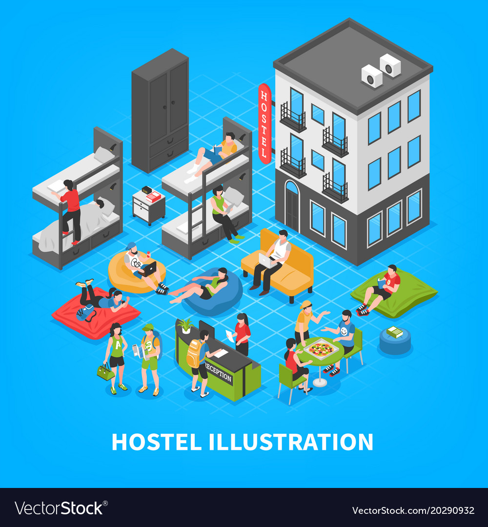 Hostel isometric composition Royalty Free Vector Image