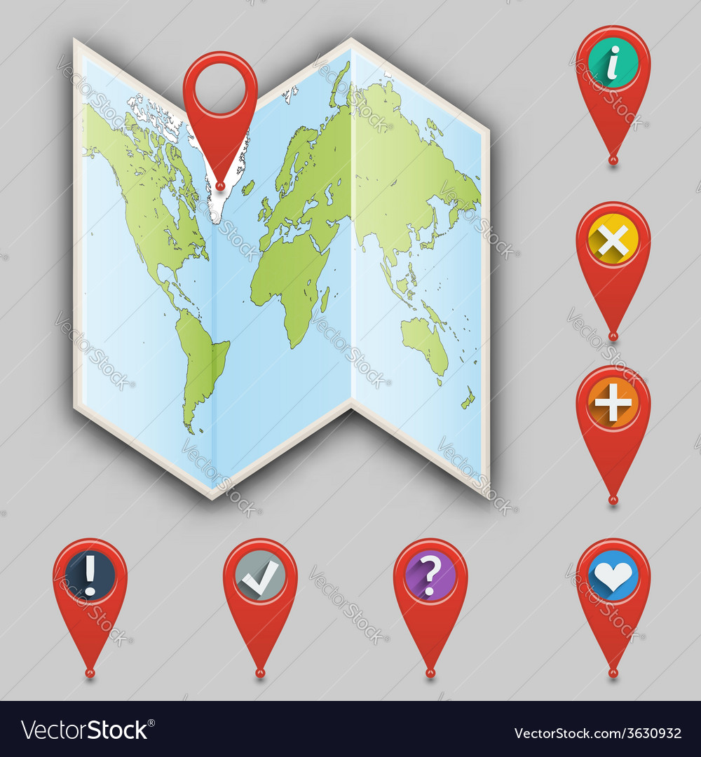 Icon of map and set different pointers Royalty Free Vector