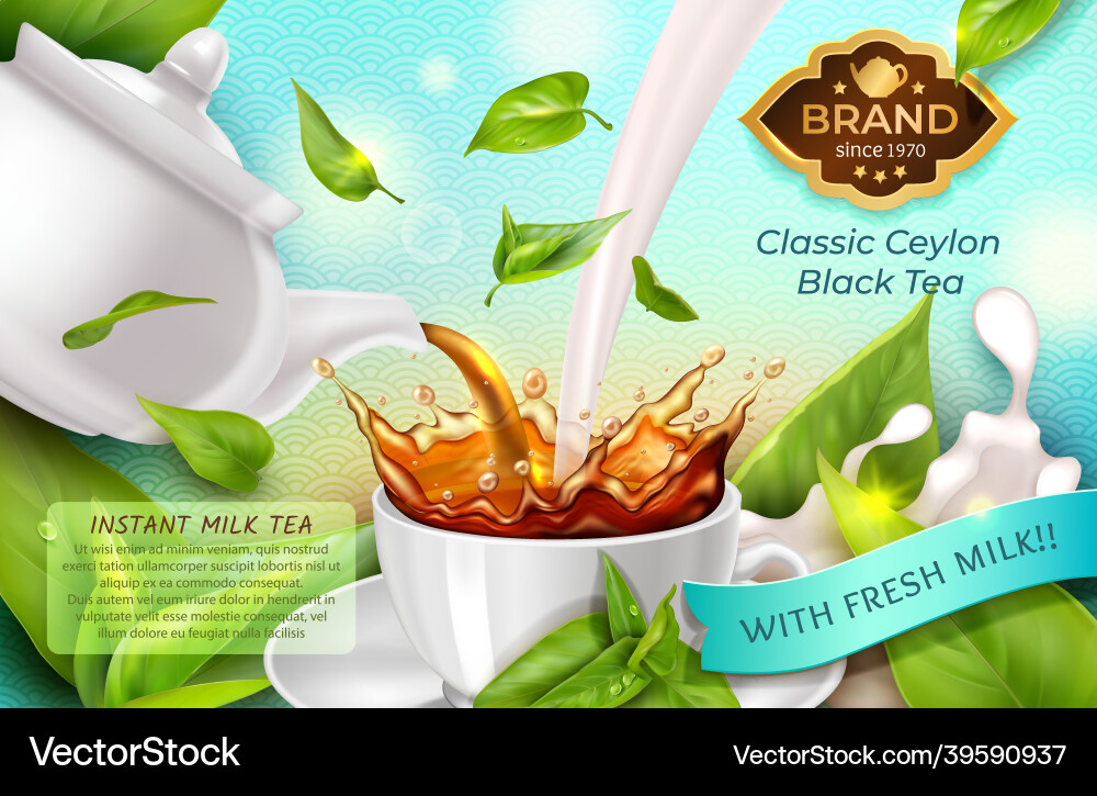 Realistic detailed 3d classic black tea with fresh