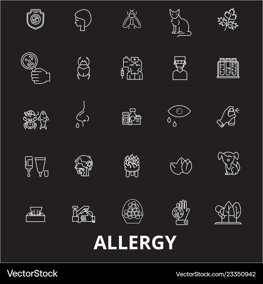 Allergy editable line icons set on black Vector Image