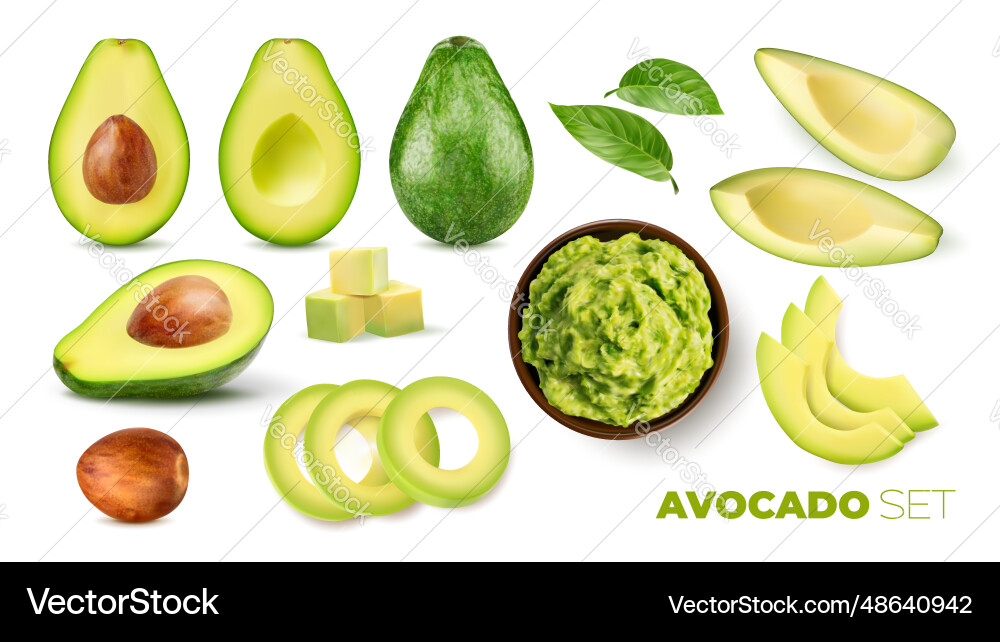 Realistic green ripe raw avocado full and cubes Vector Image