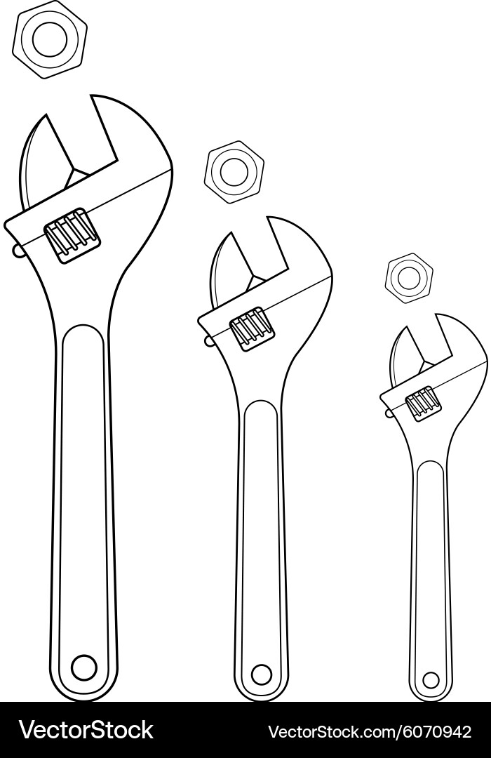 Set of wrenches with nuts contour Royalty Free Vector Image