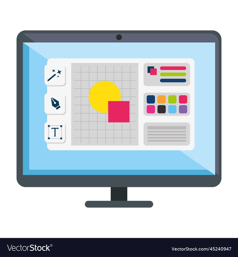 Desktop with graphic design software Royalty Free Vector