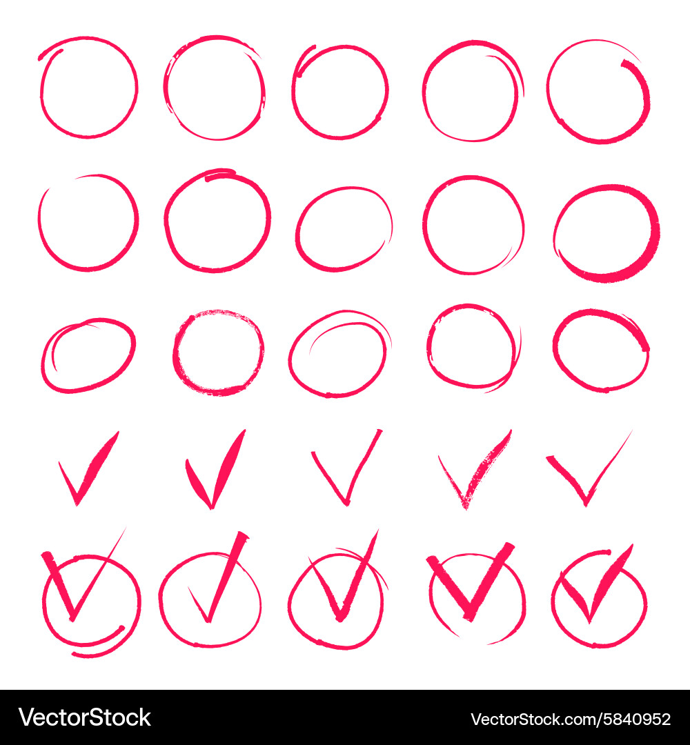 Set of hand drawn highlight red circles and check Vector Image