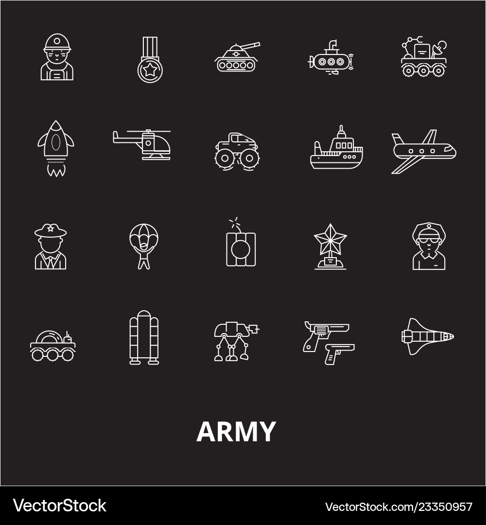 Army editable line icons set on black Royalty Free Vector
