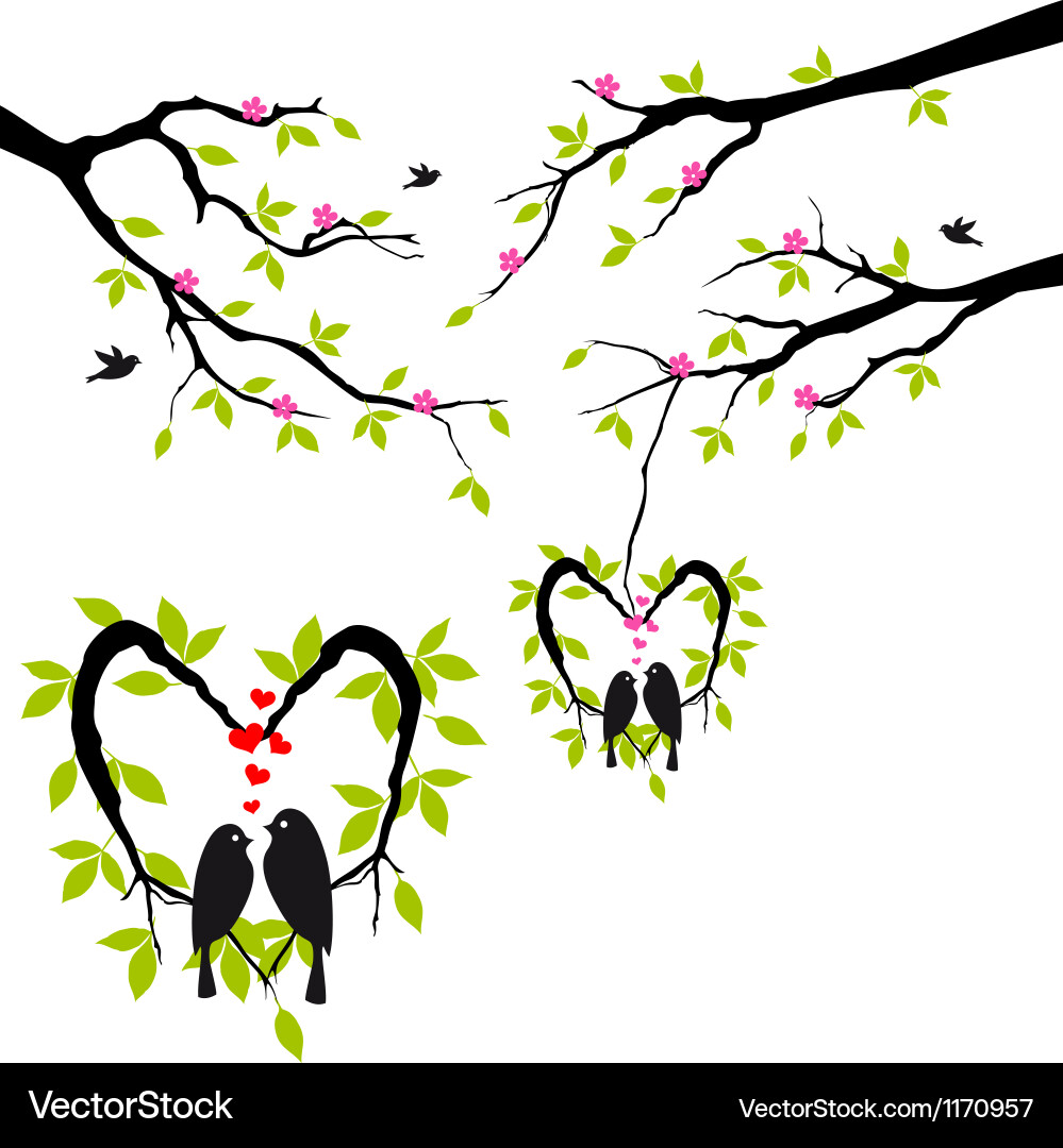 Birds on tree in heart nest Royalty Free Vector Image