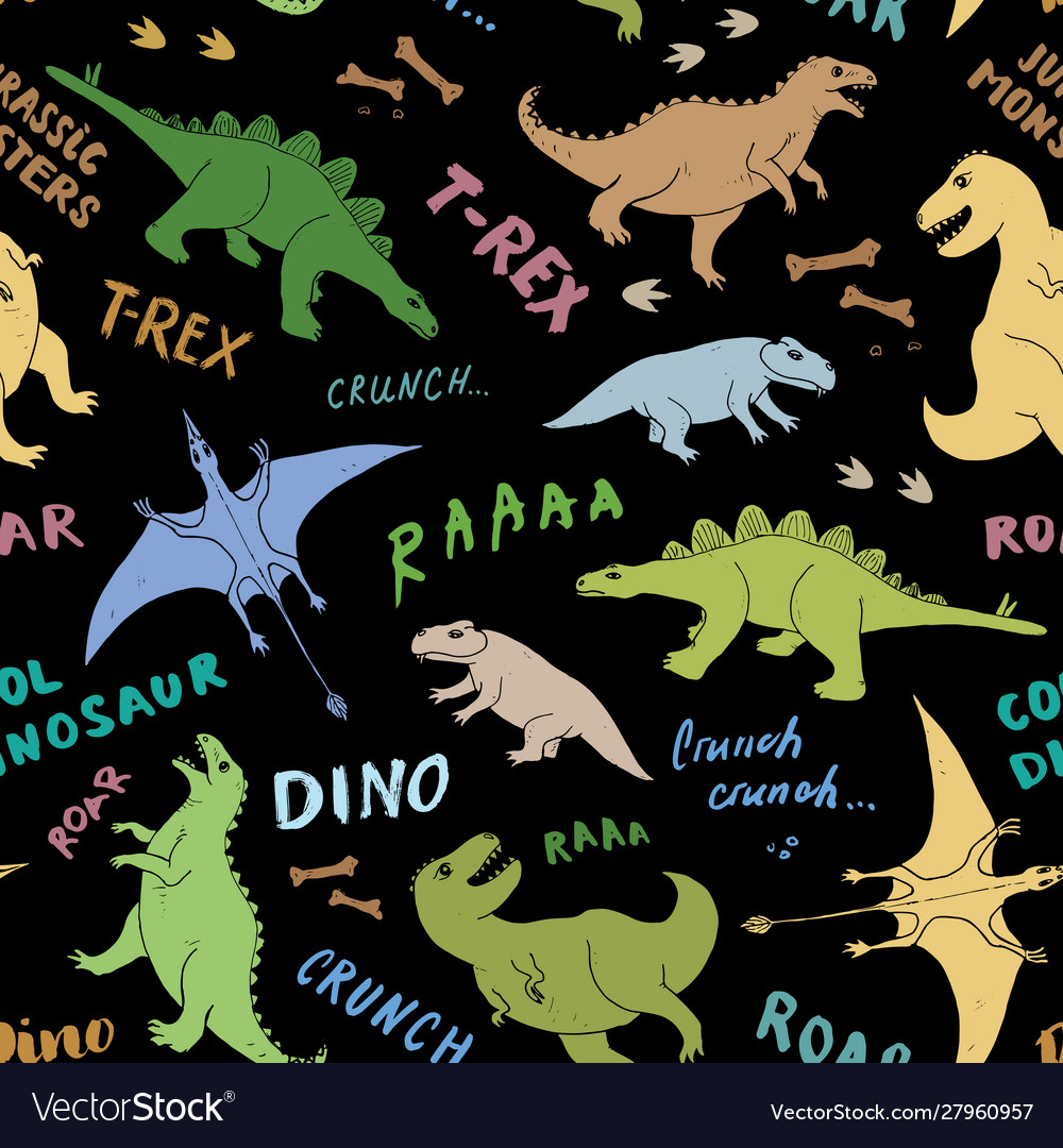 Dino seamless pattern cute cartoon hand drawn Vector Image