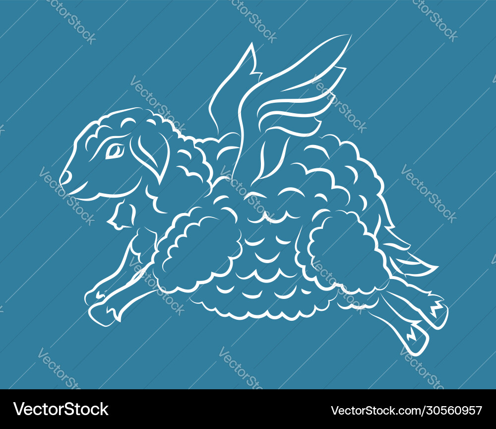 Hand drawn line art with white flying sheep Vector Image