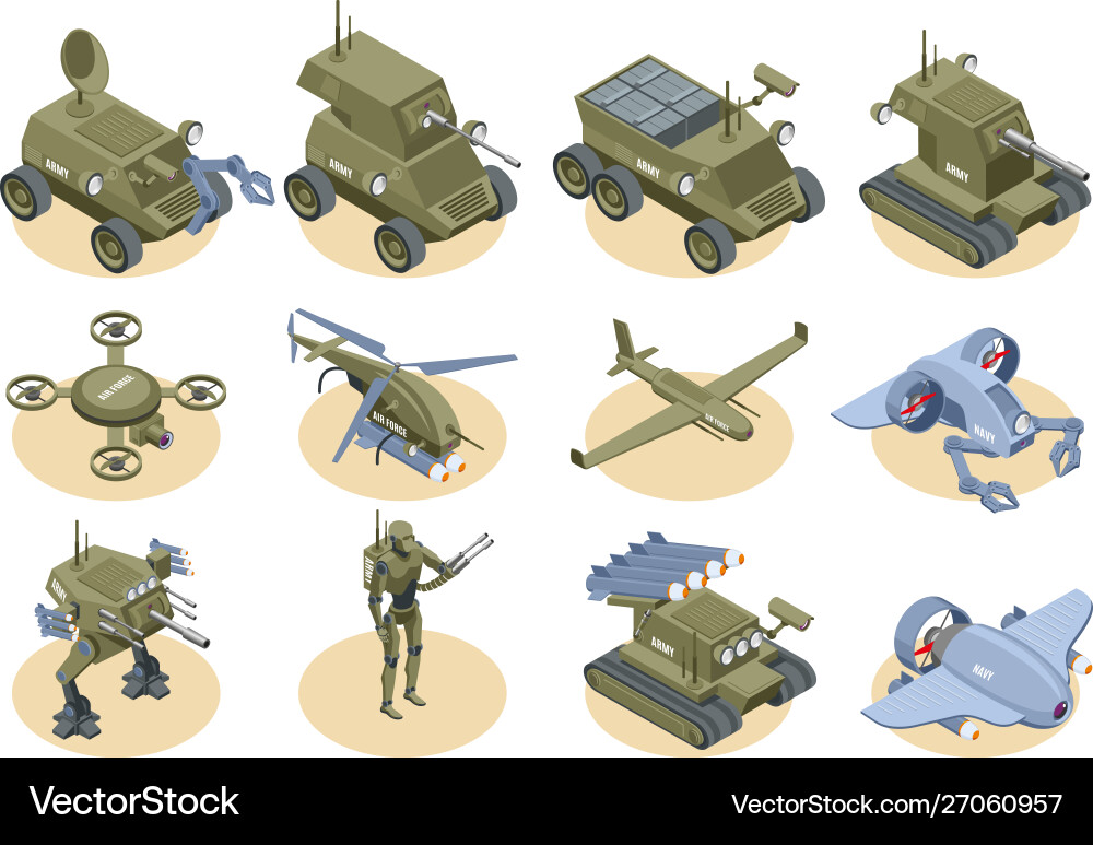 Military robots isometric icons set Royalty Free Vector