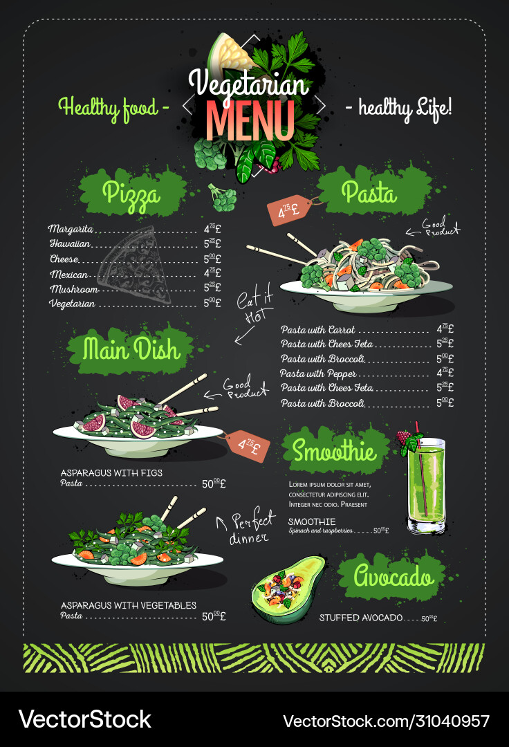 Vegetarian menu design with vegan meals Royalty Free Vector