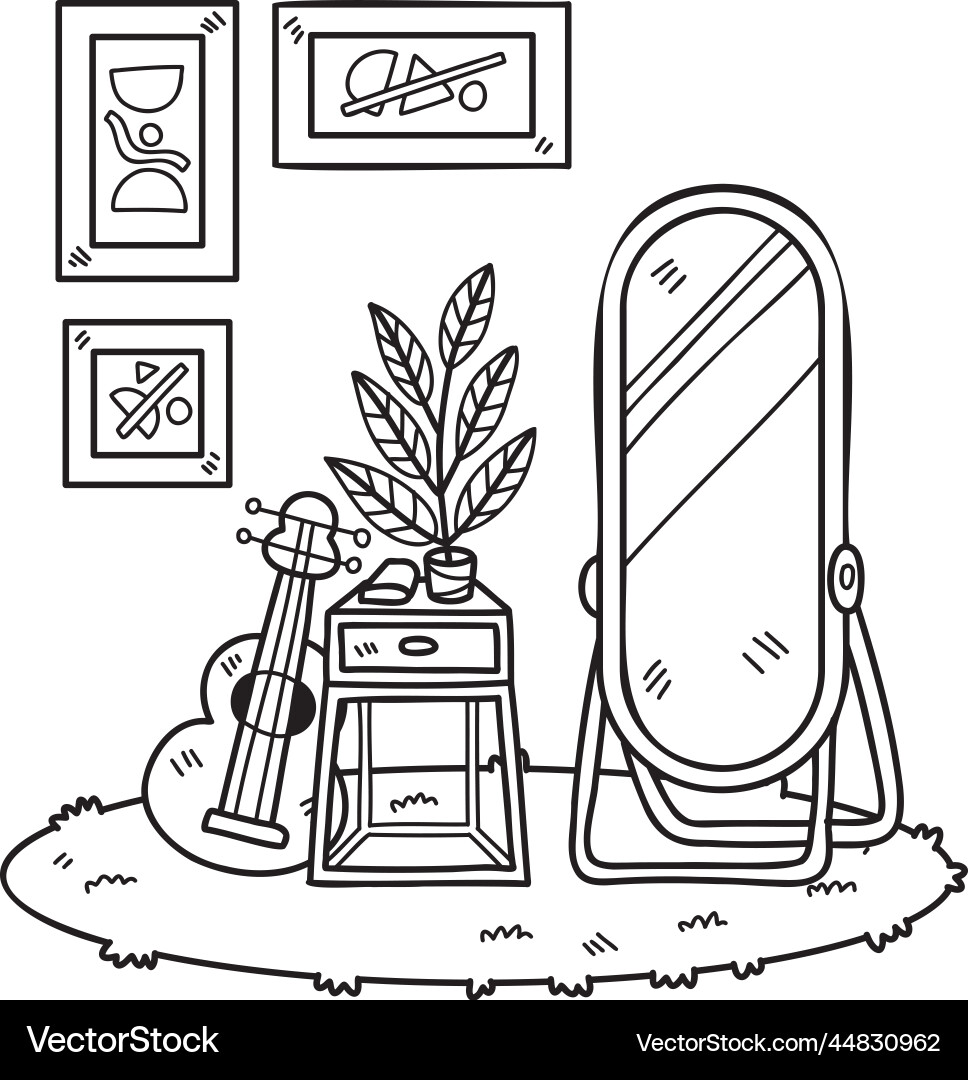 Hand drawn mirror with picture frame and guitar Vector Image