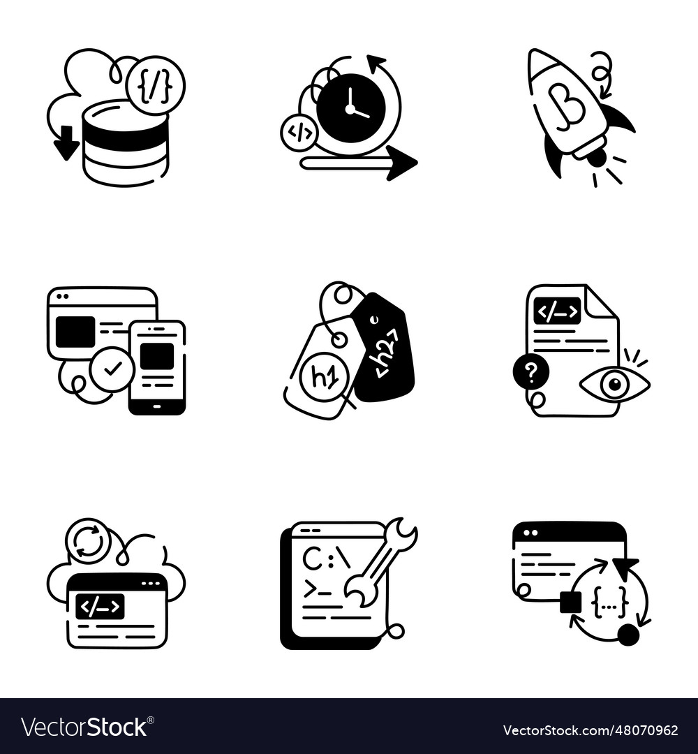 Pack of website coding hand drawn icons Royalty Free Vector