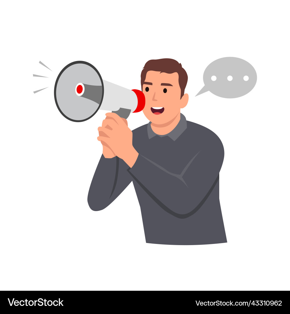 Young man speaks into a shout or megaphone Vector Image