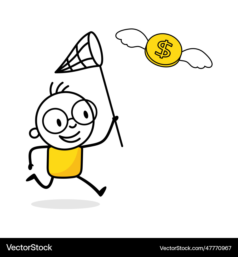 Man try to catch flying dollar coin chasing high Vector Image