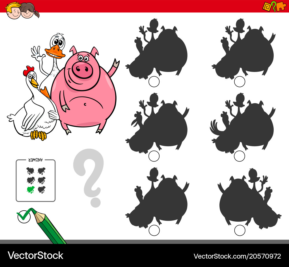 Shadows activity game with cute farm animals Vector Image