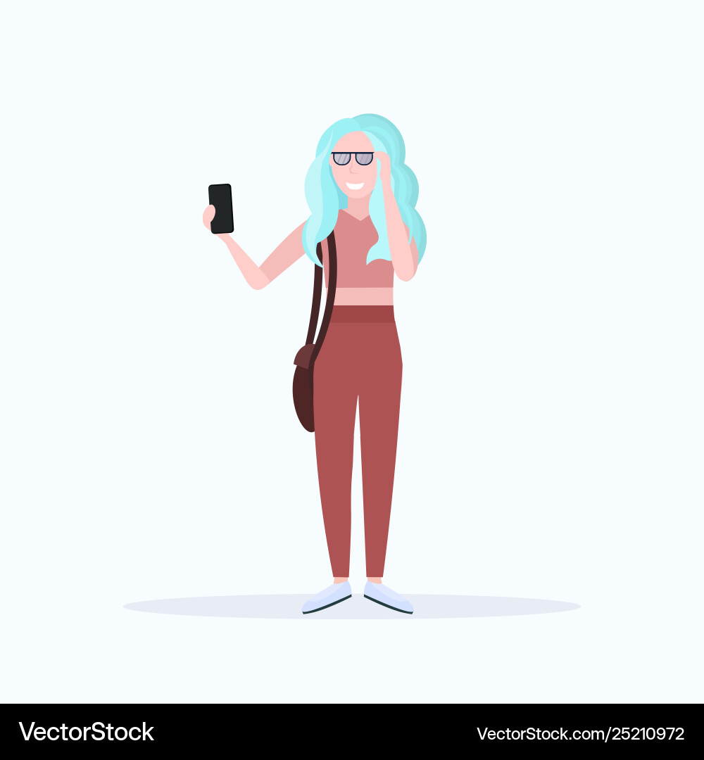 Woman taking selfie photo on smartphone camera Vector Image