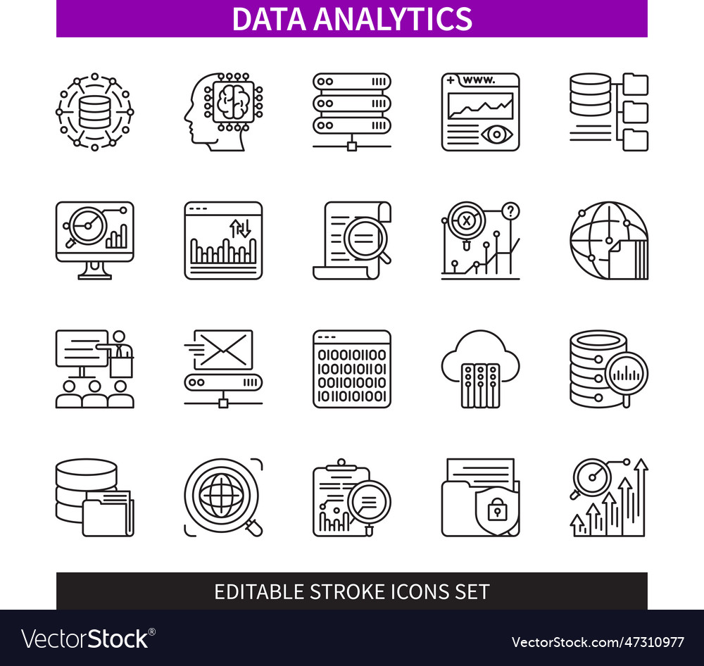 Data analytics editable stroke icon set Royalty Free Vector
