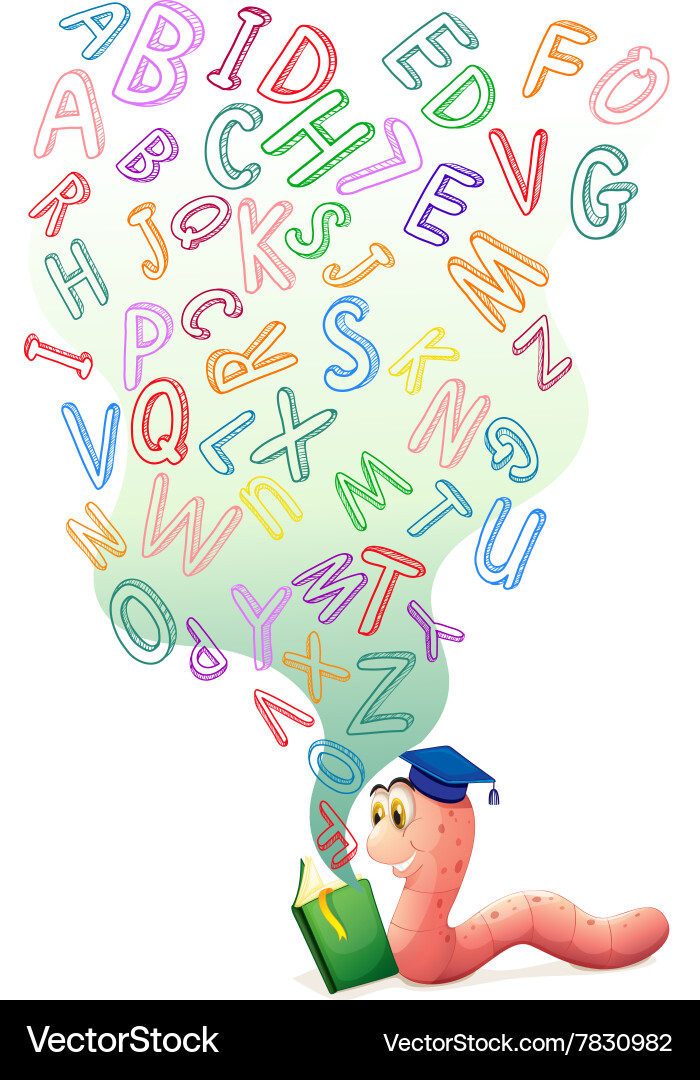 Bookworm with book of english alphabets Royalty Free Vector