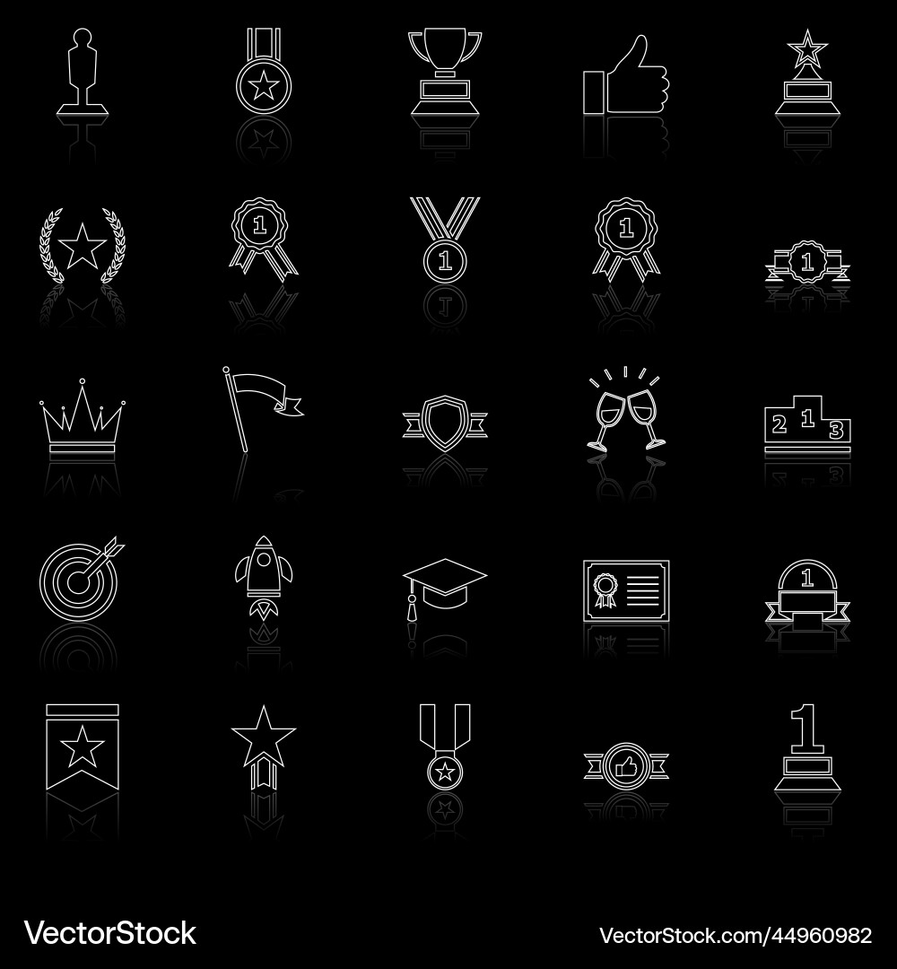 Success line icons with reflect on black Vector Image