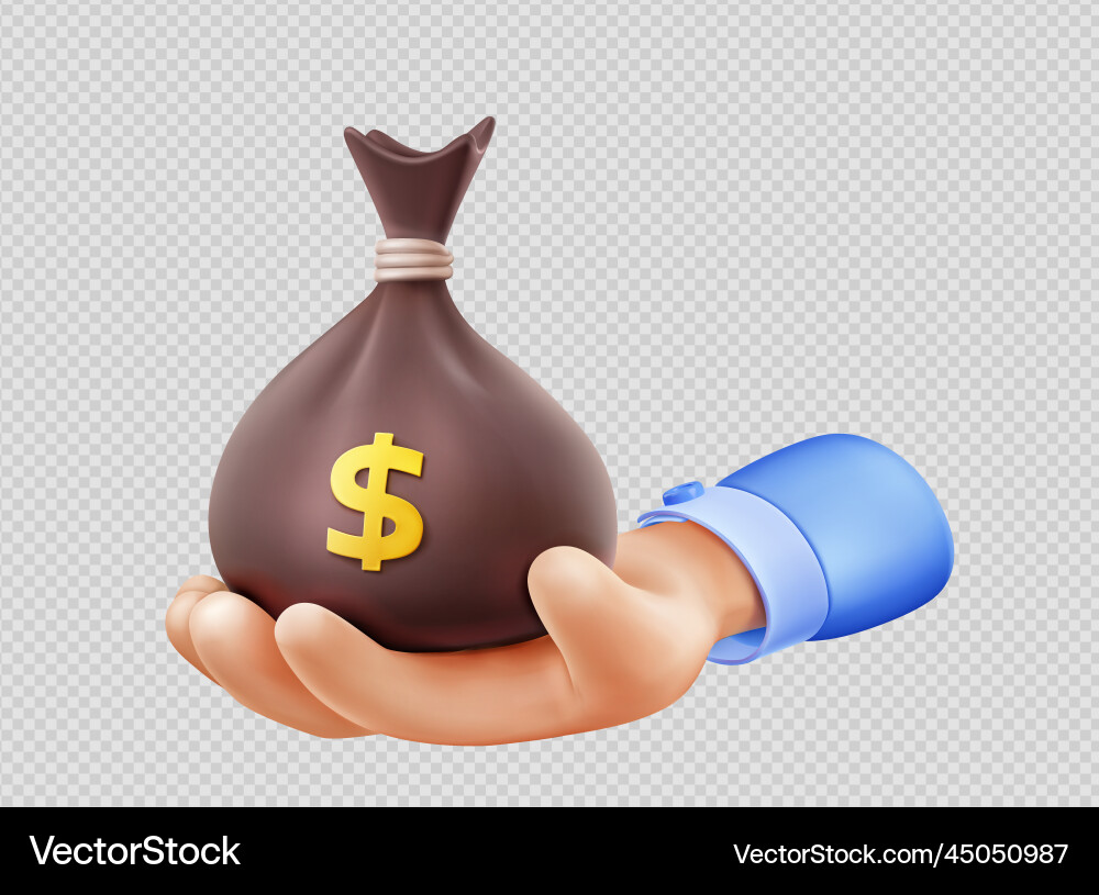 3d render hand holding money sack with dollars Vector Image