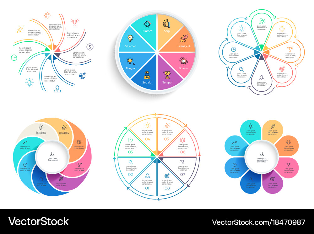 Business infographics pie charts with 8 steps Vector Image