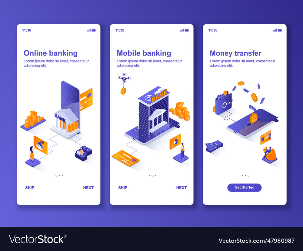 Online banking isometric gui design kit Royalty Free Vector