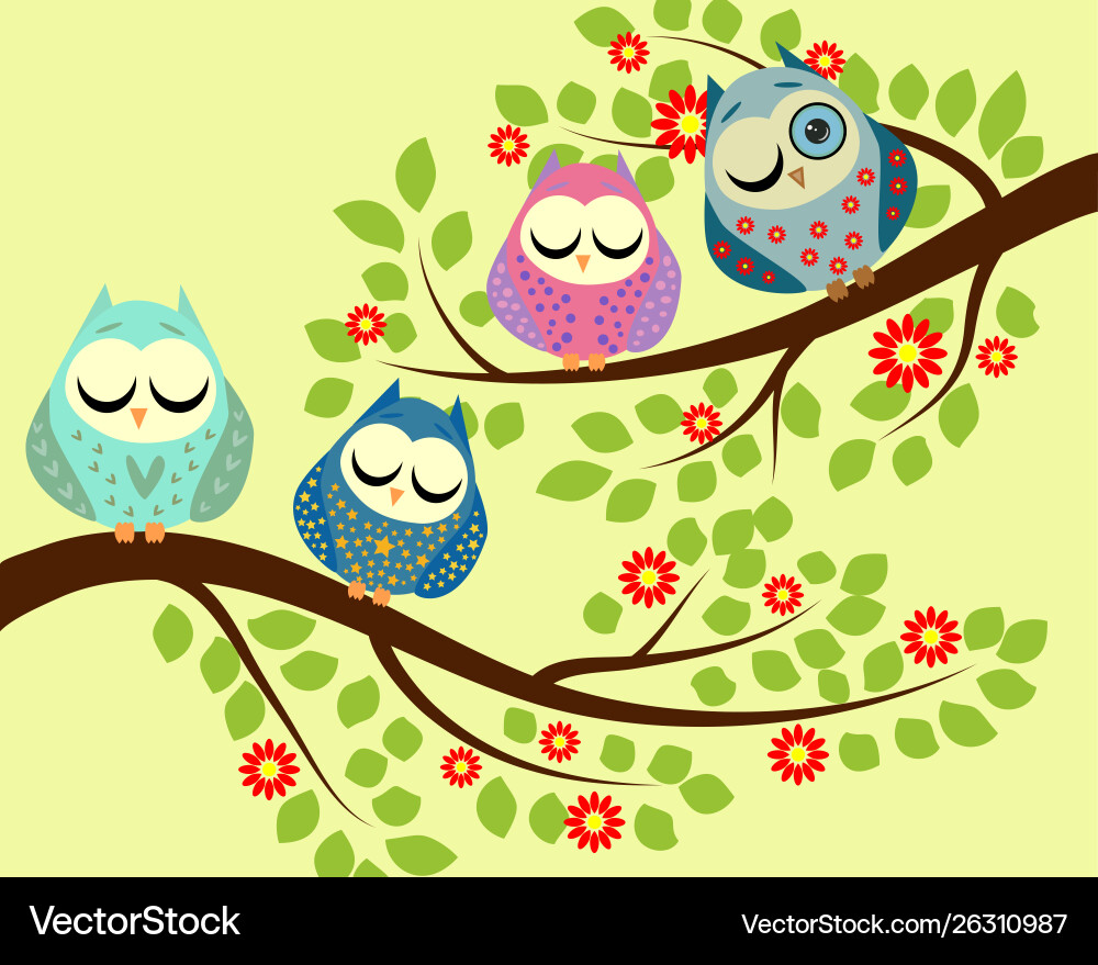 Spy four bright cartoon owls sleeping Royalty Free Vector