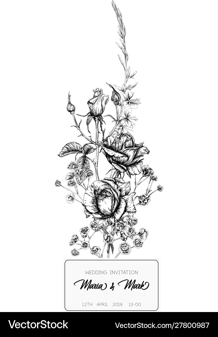Wedding invitation with roses and spring flowers Vector Image