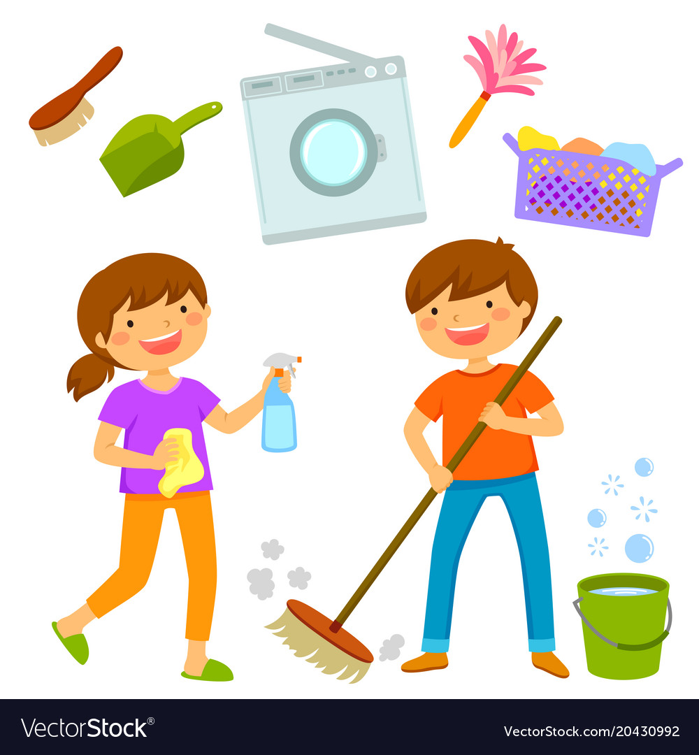 Happy Kids Cleaning House Royalty Free Vector Image