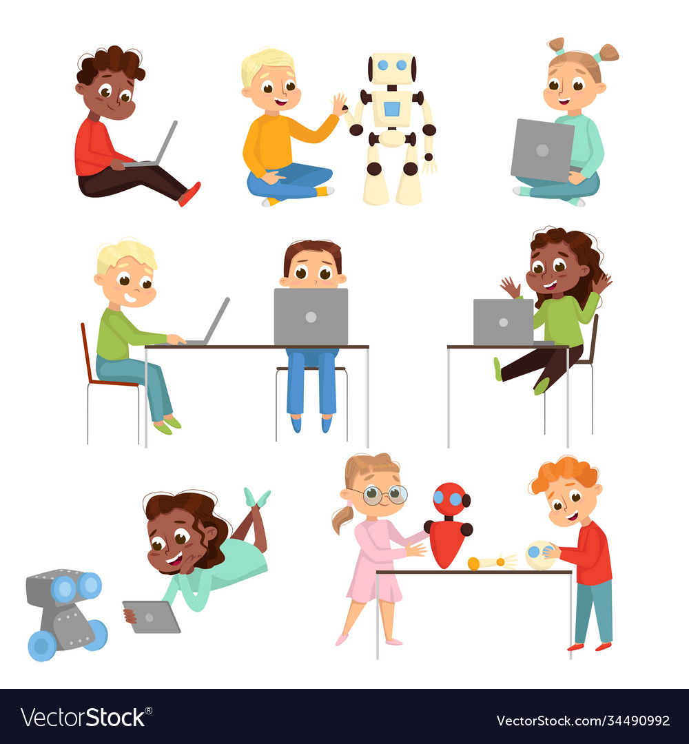 Kids programmer characters set boys and girls Vector Image
