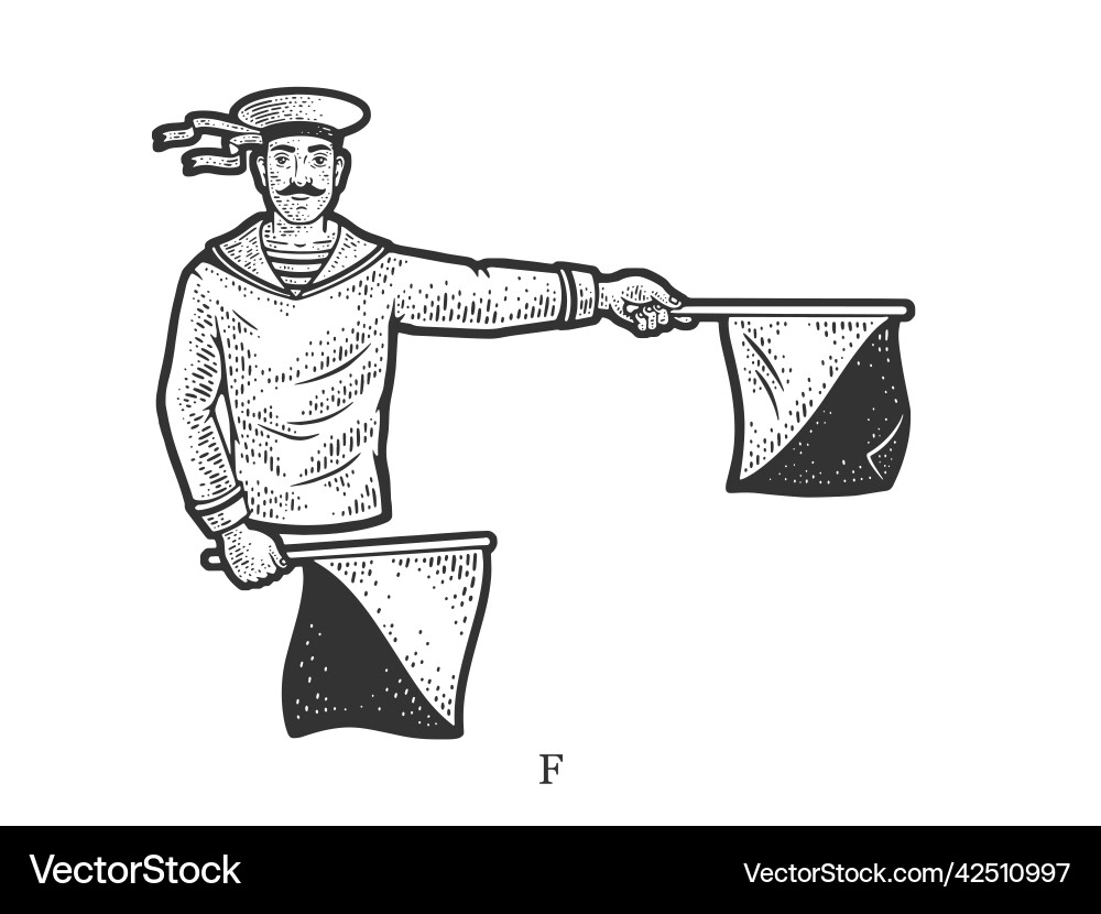 Flag semaphore letter f sketch Royalty Free Vector Image