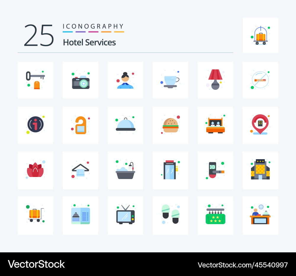Hotel services 25 flat color icon pack including Vector Image