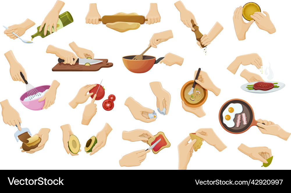 Set human hands preparing food cooking utensils Vector Image