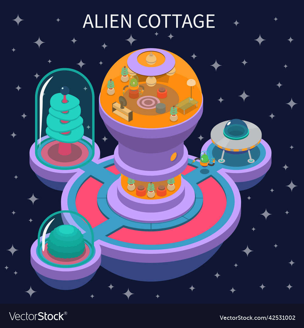 Alien cottage isometric composition Royalty Free Vector