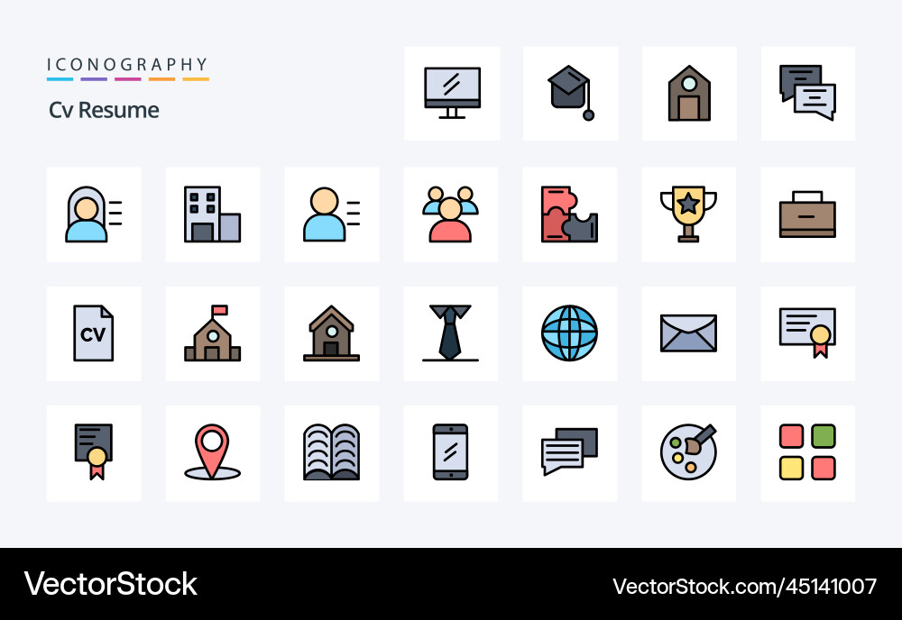 25 cv resume line filled style icon pack Vector Image