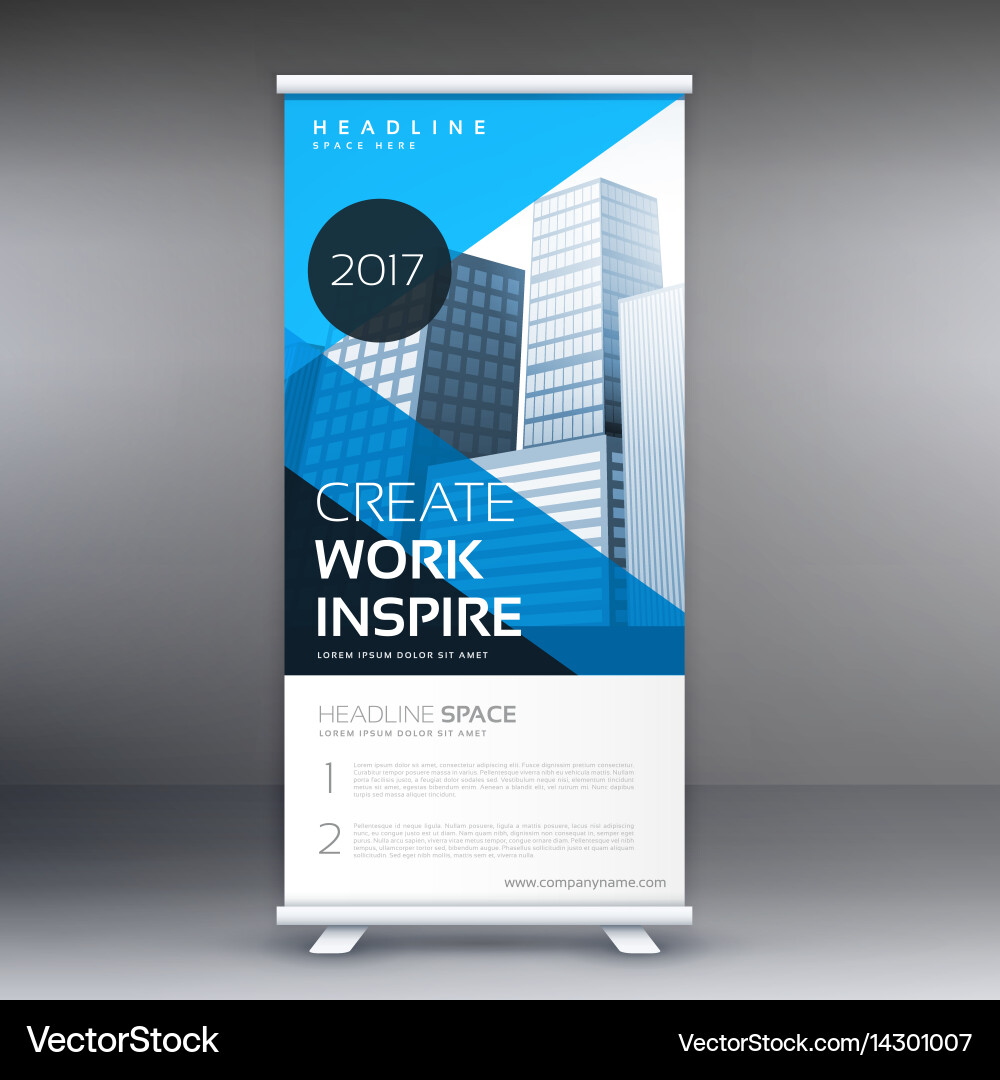 Blue roll up banner with geometric shapes Vector Image