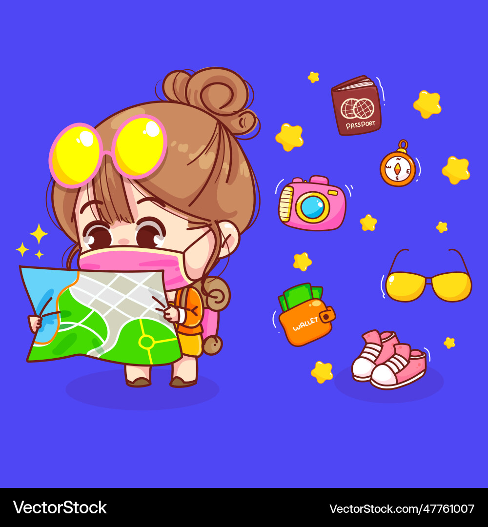 Cute girl with backpack looking at map cartoon Vector Image