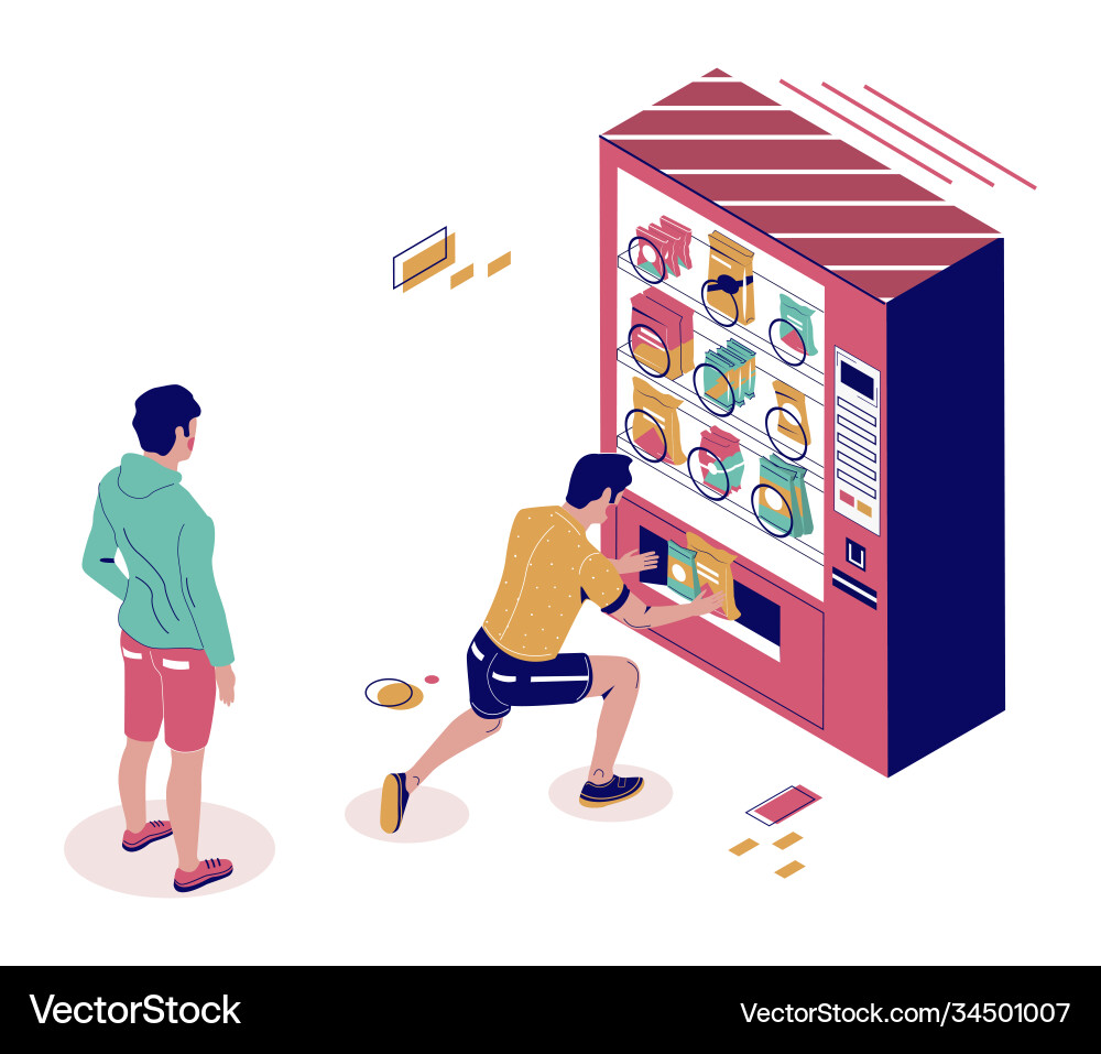 Male characters buying snacks from vending machine