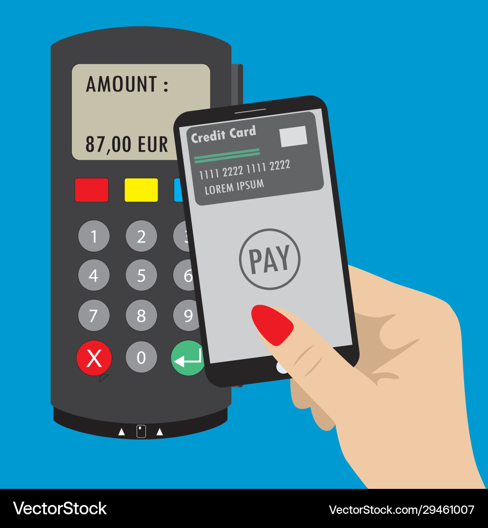 Pos terminal and hand holding smartphone Vector Image