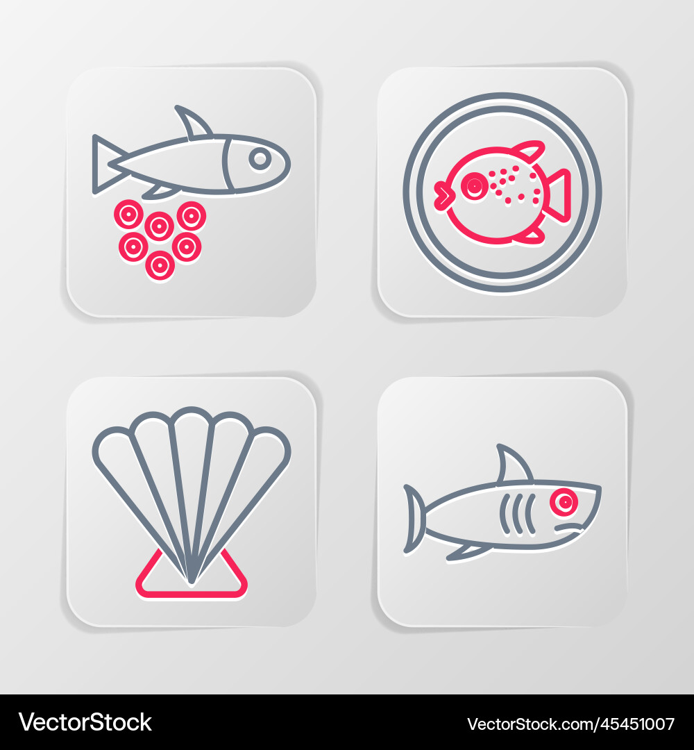 Set line shark scallop sea shell puffer fish on Vector Image