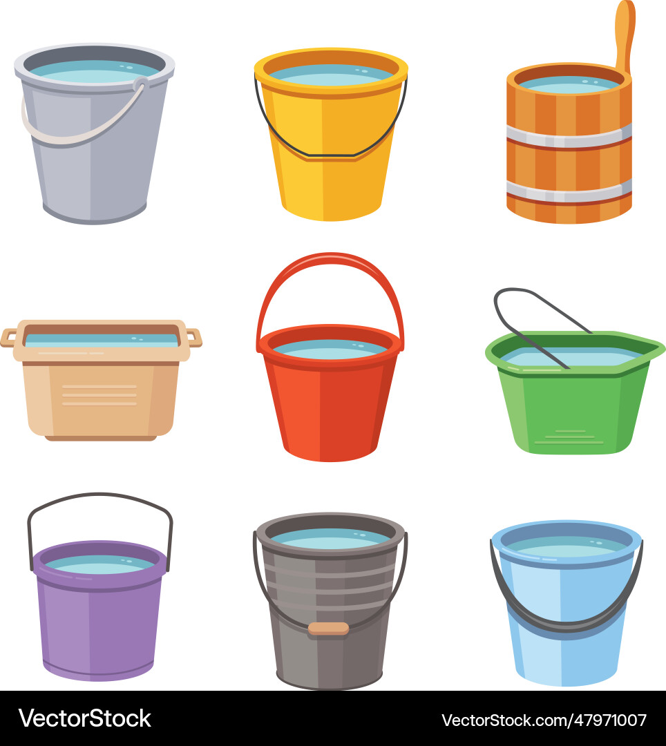 Water buckets set metal pail empty and full Vector Image