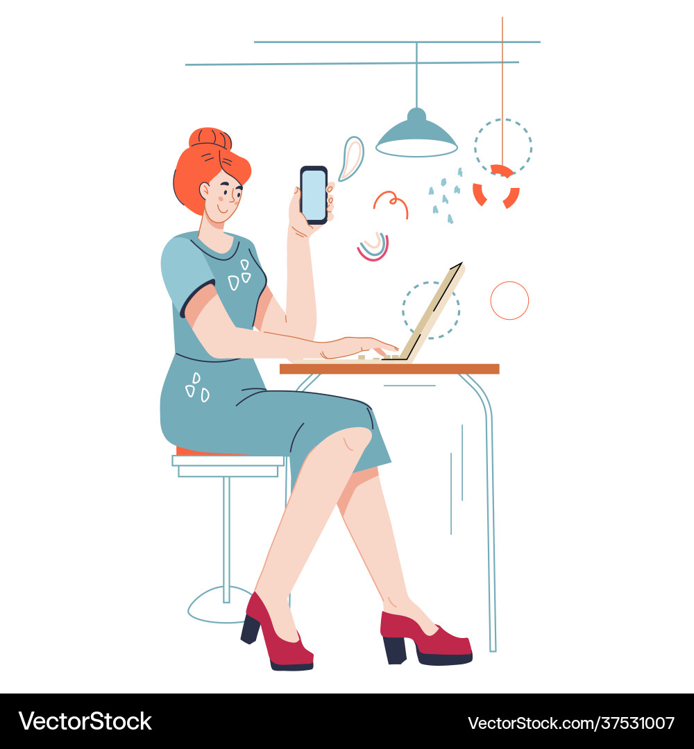 Woman working on computer and making phone calls Vector Image