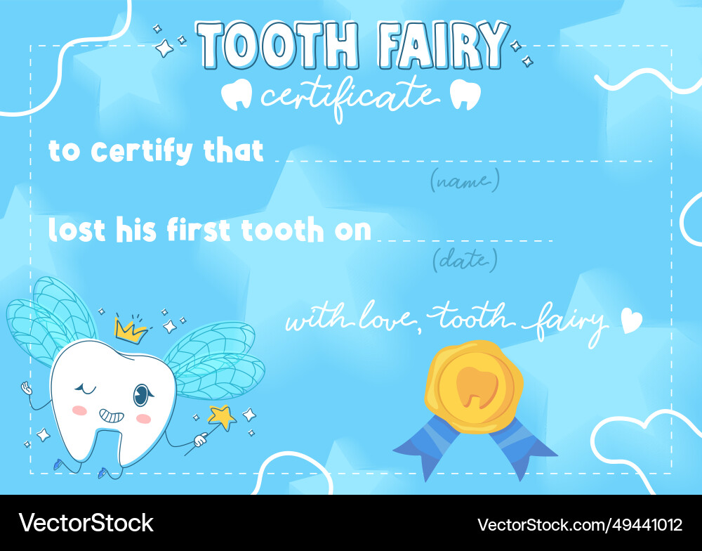 Cute tooth fairy certificate sparkling Royalty Free Vector