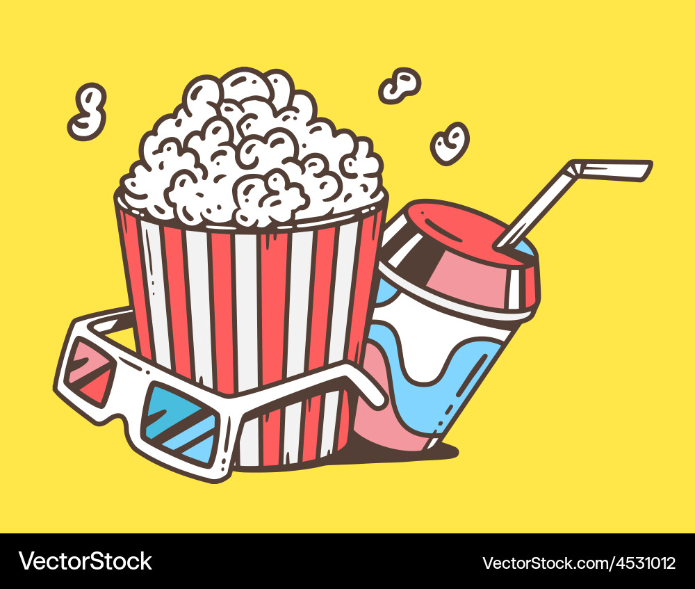 Linear of pop corn with juice and anaglyph Vector Image
