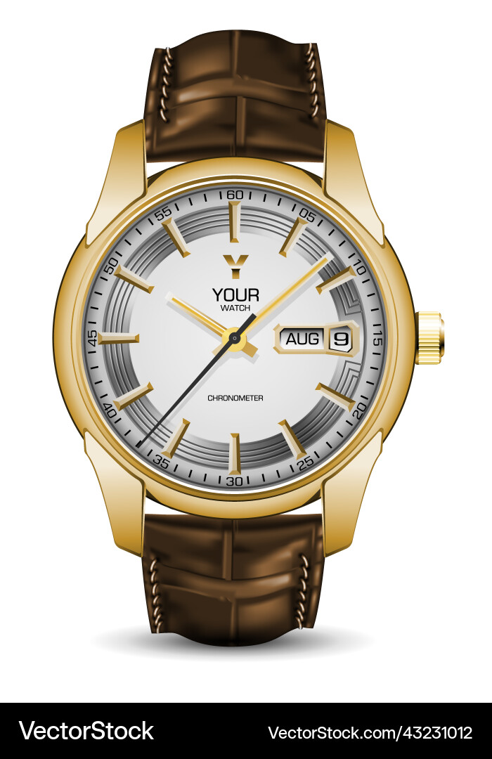 Realistic watch face gold leather strap brown Vector Image
