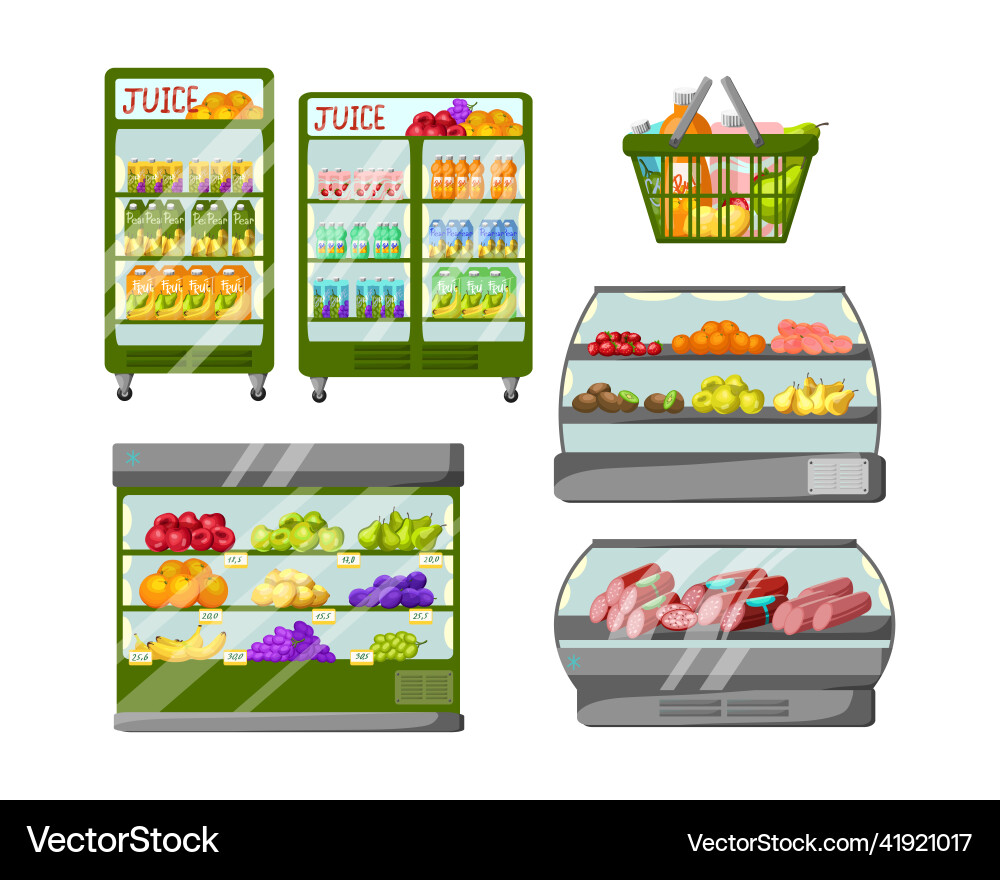 Refrigerators and racks with food set Royalty Free Vector
