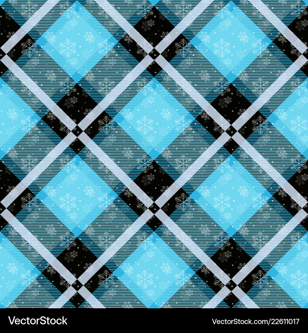 White snowflakes seamless with blue tartan pattern