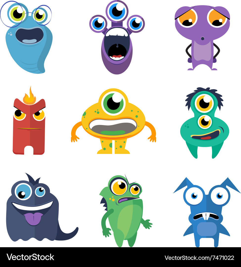 Cute monsters set in cartoon style Royalty Free Vector Image