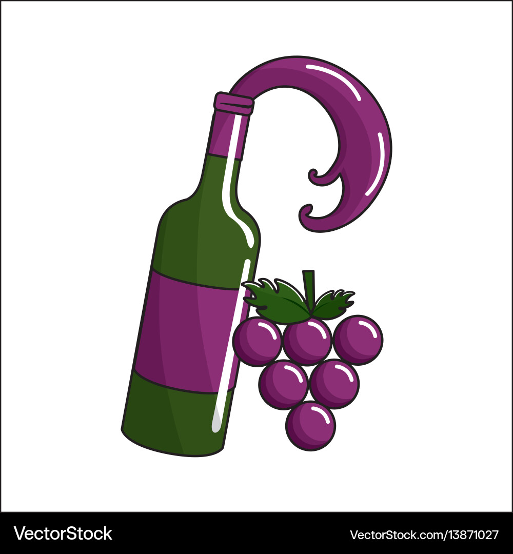 Bottle splashing wine with bunch grapes icon Vector Image