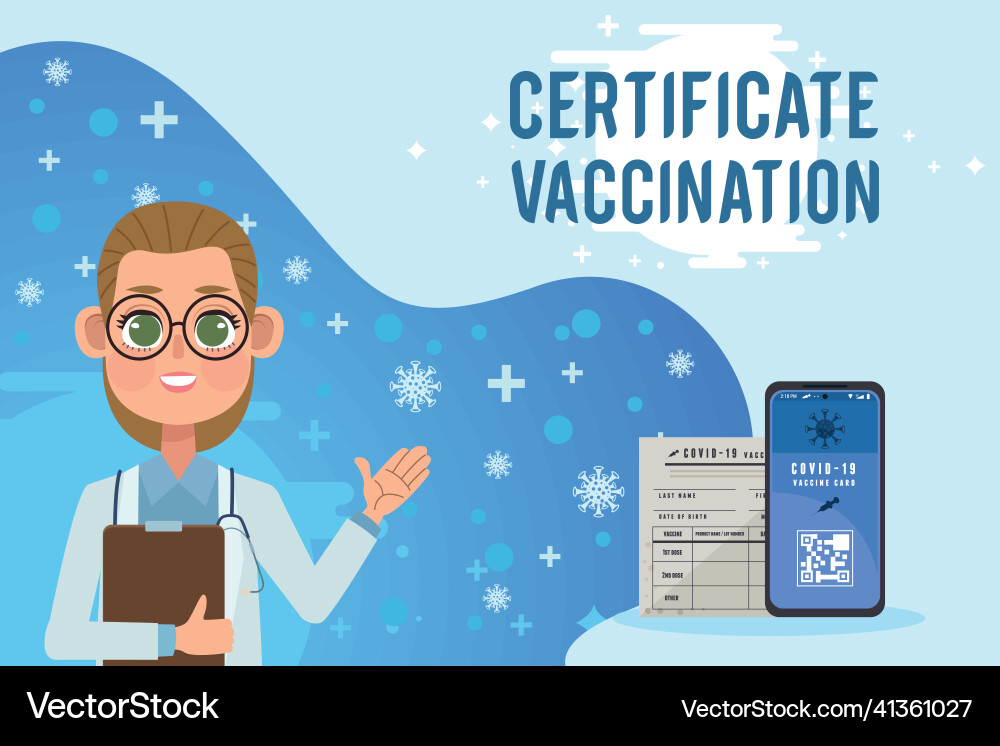 Certificate vaccination lettering with doctor Vector Image